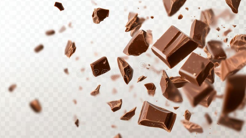 Delicious Milk Chocolate Chunks and Pieces Flying on Transparent ...