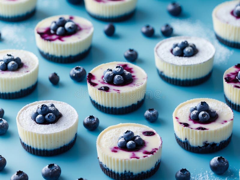 Delicious Mini Blueberry Cheesecakes on Blue Background. Stock Photo ...