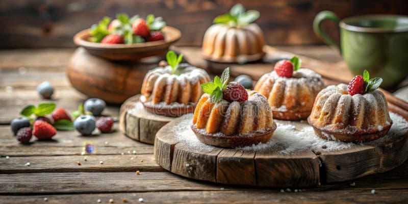Delicious Mini Cakes with Berries and Powdered Sugar on Rustic Wooden ...
