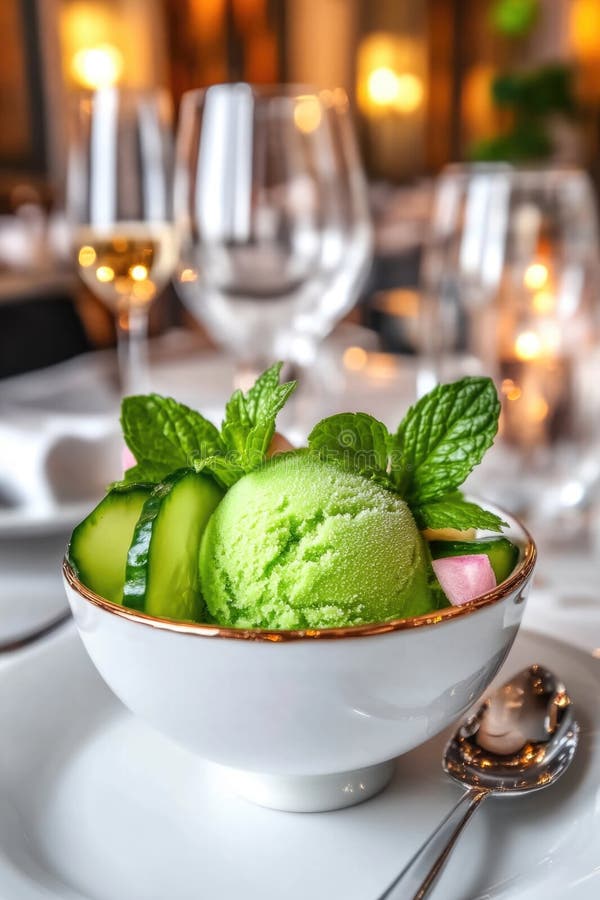 Delicious Mint Ice Cream with Fresh Cucumber and Mint Garnish in ...