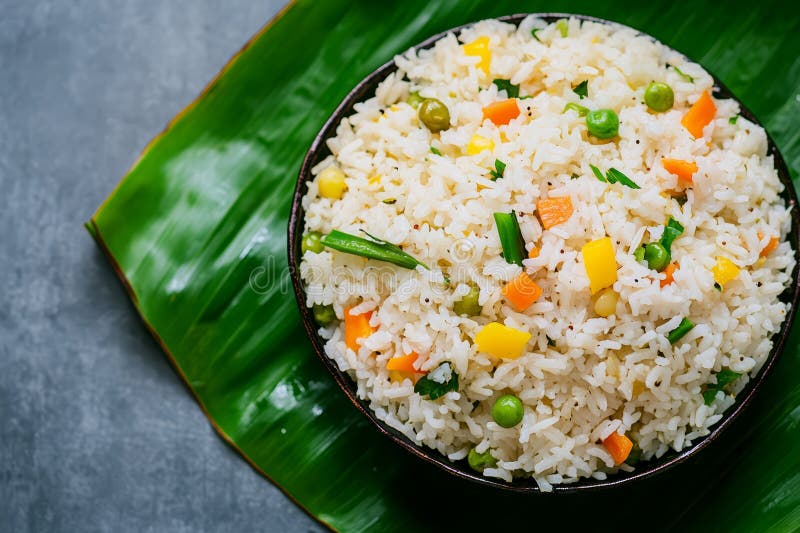 Delicious Mixed Vegetable Fried Rice in Bowl on Banana Leaf Background ...