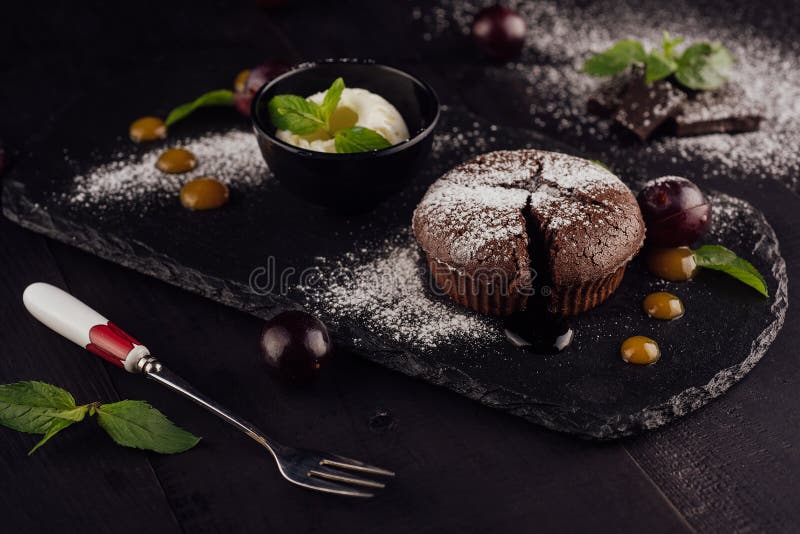 Delicious Molten Chocolate Lava Cake with Vanilla Ice Cream Stock Image ...