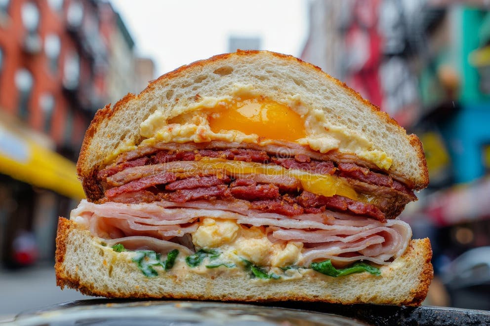 Delicious Multi-layer Sandwich with Egg and Meat Slices in Urban ...