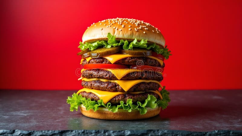 Delicious Multi Layered Burger on Dark Slate with Red Background Stock ...