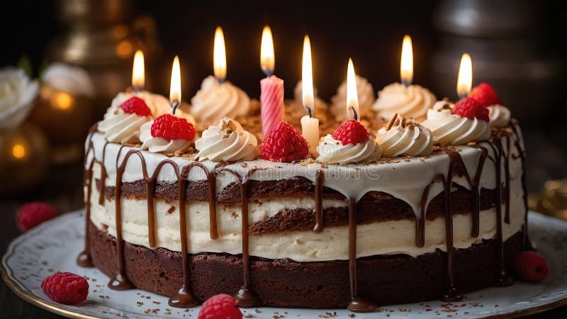 Delicious Multi-Layered Celebration Cake with Berries and Candles on ...