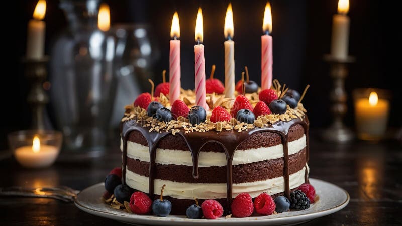 Delicious Multi-Layered Celebration Cake with Berries and Candles on ...