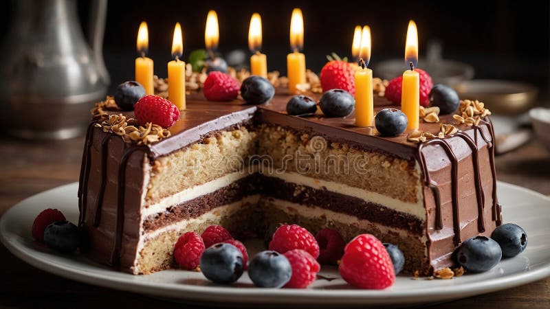 Delicious Multi-Layered Celebration Cake with Berries and Candles on ...