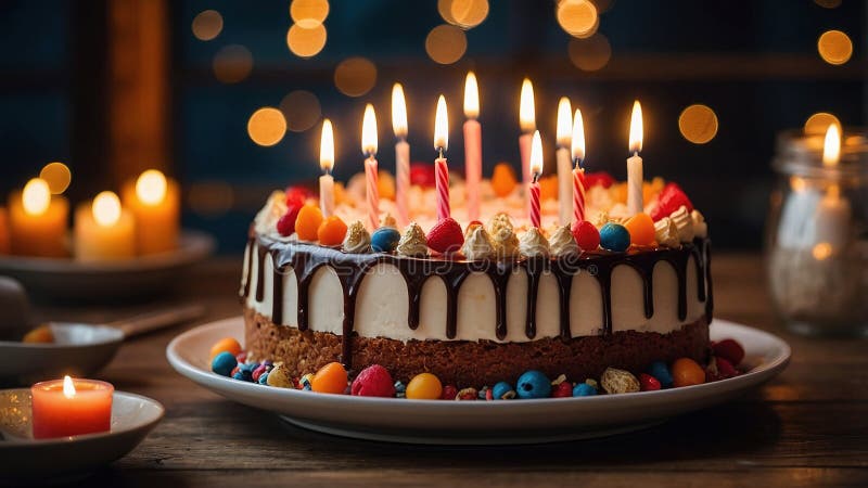 Delicious Multi-Layered Celebration Cake with Berries and Candles on ...