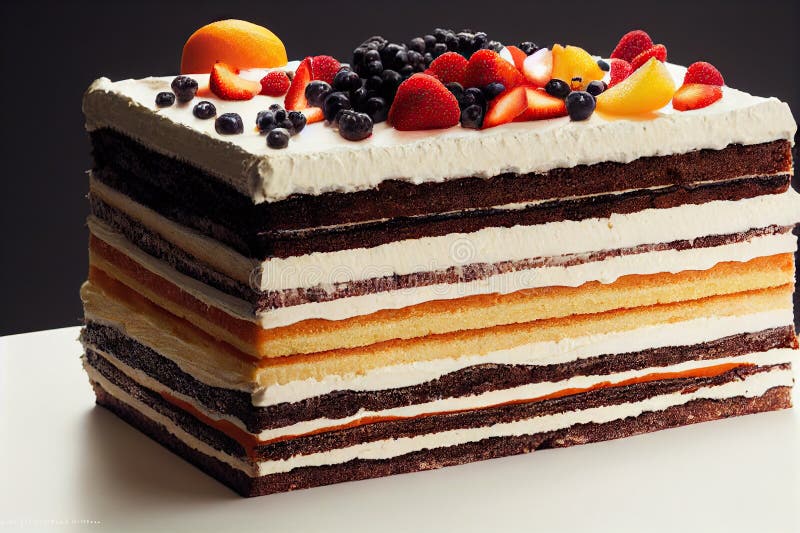 Delicious Multi-layered Fruit Cake with Creamy Cream and Berries Stock ...