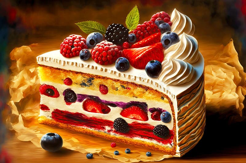 Delicious Multi-layered Fruit Cake with Creamy Cream and Berries Stock ...