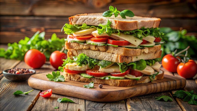 A Delicious Multi-layered Sandwich with Fresh Vegetables and Cheese ...