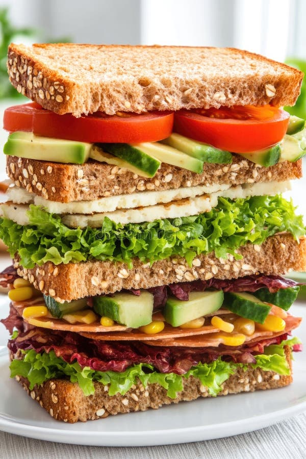 Delicious Multi-layered Vegetarian Sandwich with Fresh Vegetables and ...