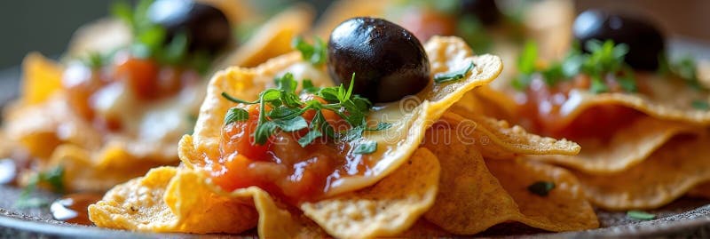 Delicious Nachos with Salsa and Black Olives Garnished with Fresh Herbs ...