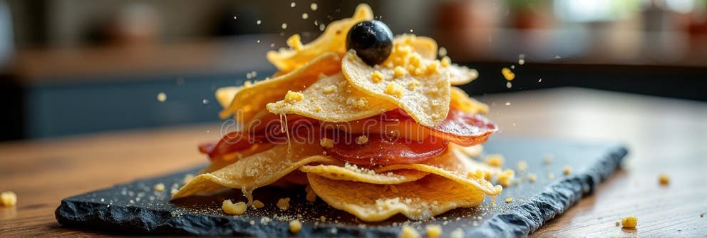 Delicious Nachos Stack with Pepperoni, Cheese, and Olive on Slate ...