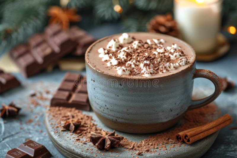 Delicious Natural Cocoa Drink with Chocolate in a Mug on the Table. a ...