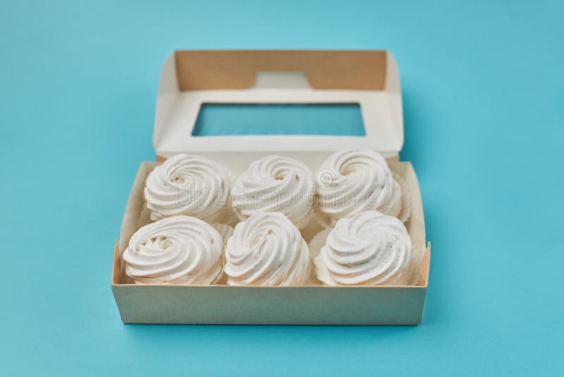 Delicious, Natural Handmade Zephyrs Stacked in a Box on a Turquoise ...