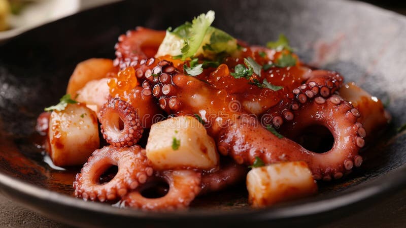 Delicious Octopus and Squid Dish with Red Sauce Stock Illustration ...
