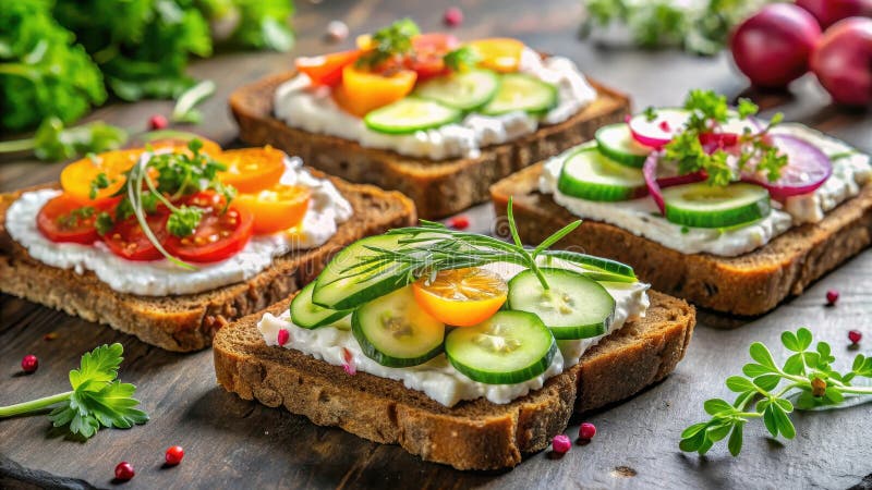 Delicious Open-faced Sandwiches with Creamy Spread and Assorted Fresh ...