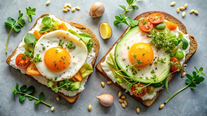 Delicious Open-faced Sandwiches with Fried Eggs, Creamy Cheese, and ...
