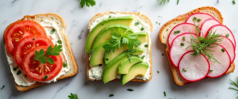 Delicious Open-faced Sandwiches Topped with Fresh Vegetables Stock ...