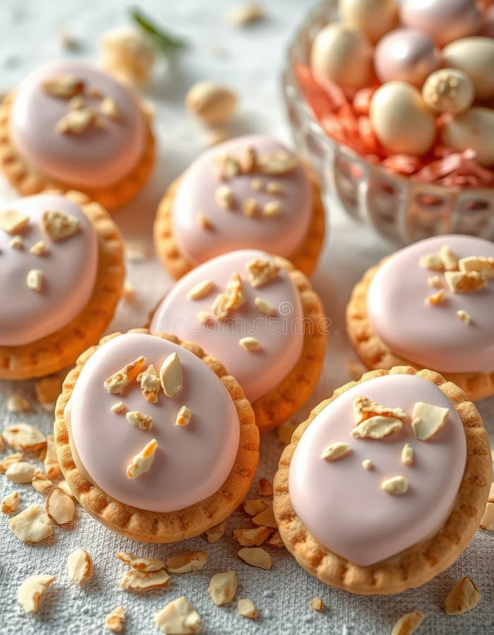 Delicious Oval Cookies Decorated with Pink Icing and Crushed Nuts on a ...