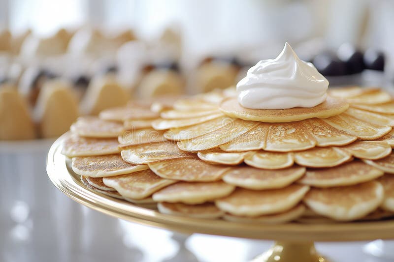 Delicious Pancake Stack with Cream Topping on Elegant Tray in a Bright ...