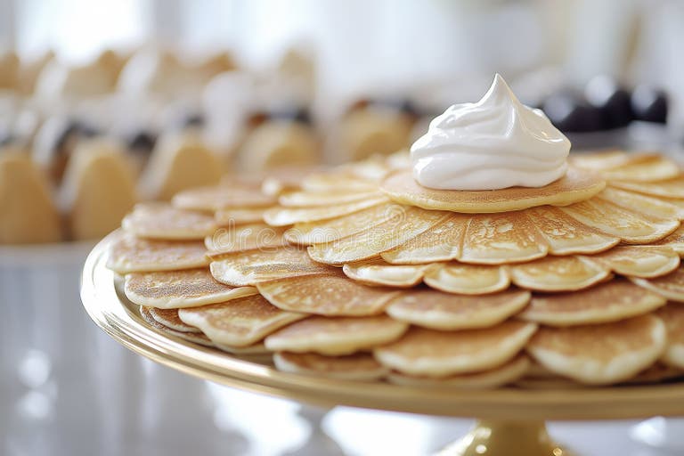Delicious Pancake Stack with Cream Topping on Elegant Tray in a Bright ...
