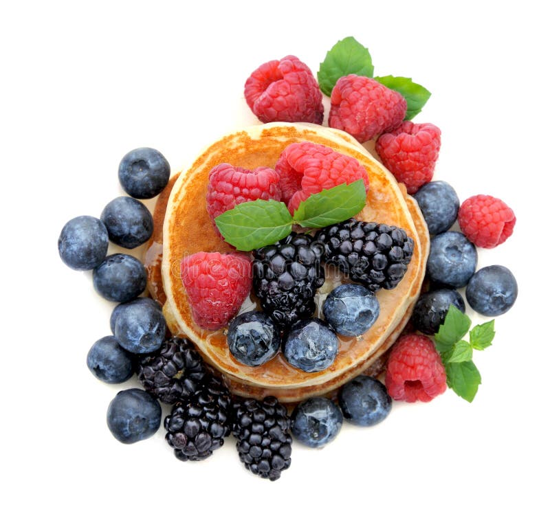 Delicious Pancakes with Berries and Honey on a White Wooden Board Stock ...