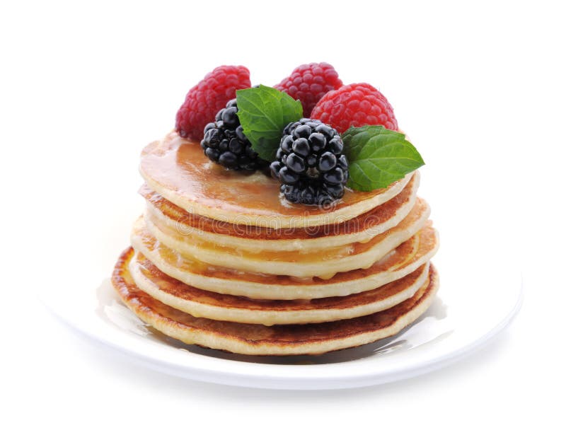 Delicious Pancakes with Berries and Honey on a White Wooden Board Stock ...