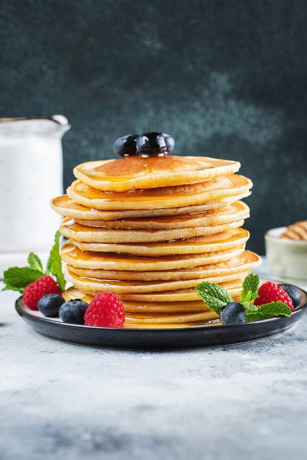 Delicious Pancakes, with Fresh Blueberries, Raspberry and Maple Syrup ...