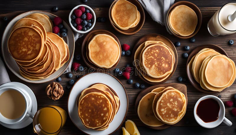 Delicious Pancakes with Syrup, Fruit, and Coffee Stock Illustration ...