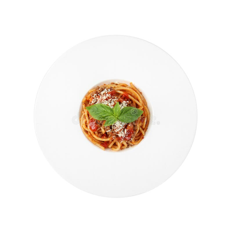 Delicious Pasta Bolognese with Basil Isolated on White, Top View Stock ...