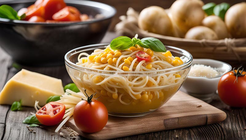 Delicious Pasta with Corn and Basil Stock Illustration - Illustration ...