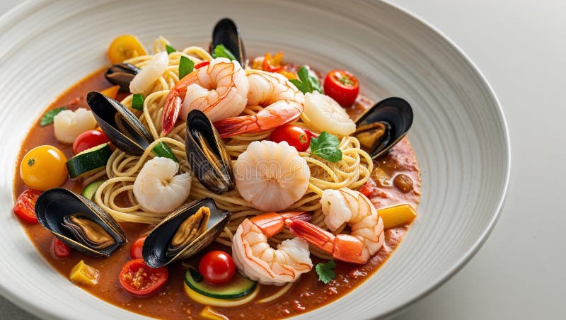 Delicious Pasta Dish with Seafood and Vegetables in Savory Sauce Stock ...