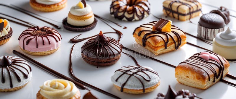 Delicious Pastries Arranged on a White Surface with Chocolate Drizzle ...