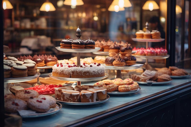 Delicious Pastries and Cakes Displayed in Bakery Window Stock Photo ...