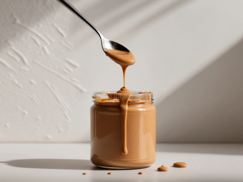 Delicious Peanut Butter Jar with Dripping Spoon and Splash. Stock Photo ...