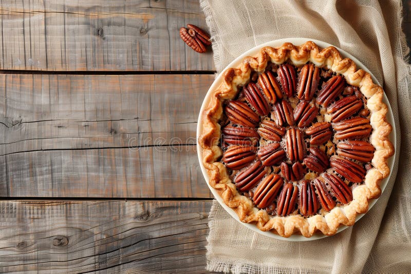 Delicious Pecan Pie High Angle View on Rustic Wood Table Stock ...