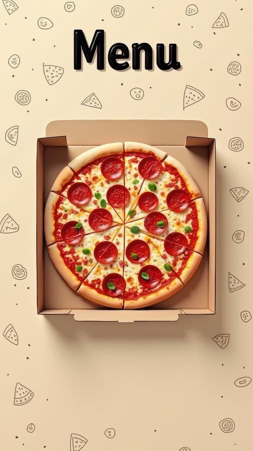 Delicious Pepperoni Pizza in Box with Creative Menu Design Stock ...