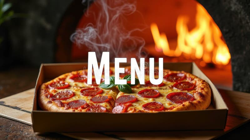 Delicious Pepperoni Pizza in a Brick Oven Setting with Menu Text ...
