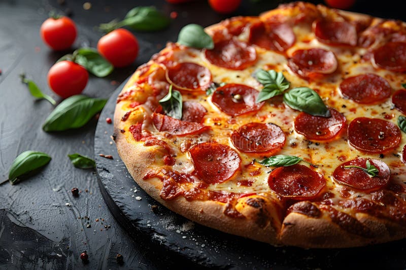 Delicious Pepperoni Pizza with Fresh Basil and Cherry Tomatoes on a ...