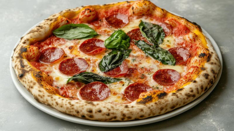 Delicious Pepperoni Pizza with Fresh Basil on a Plate Stock ...
