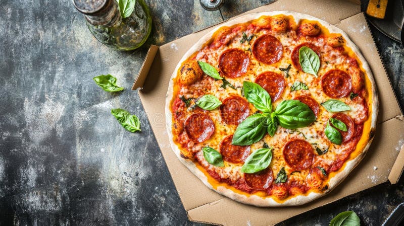 Delicious Pepperoni Pizza with Fresh Basil on a Rustic Table in an ...