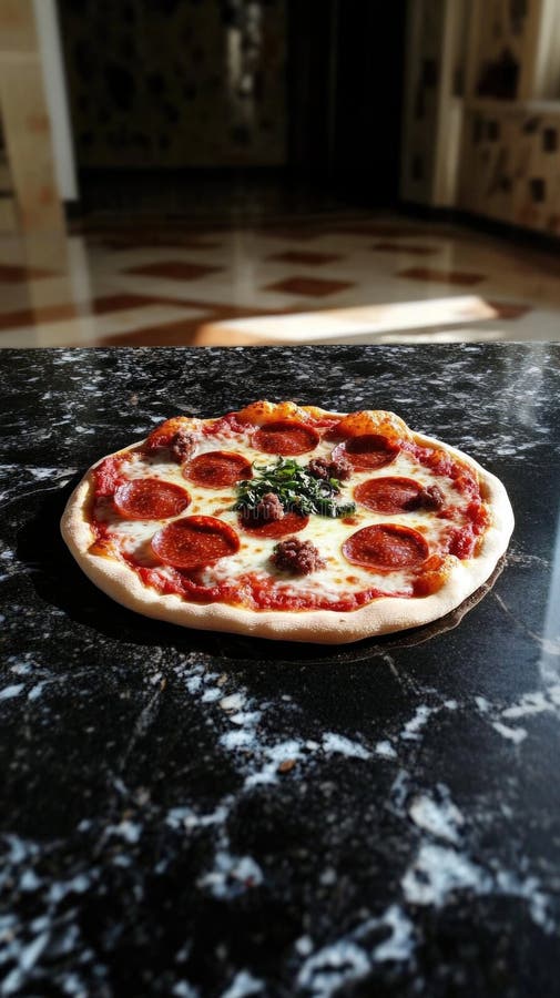 Delicious Pepperoni Pizza on Marble Table with Sunlight Stock Image ...