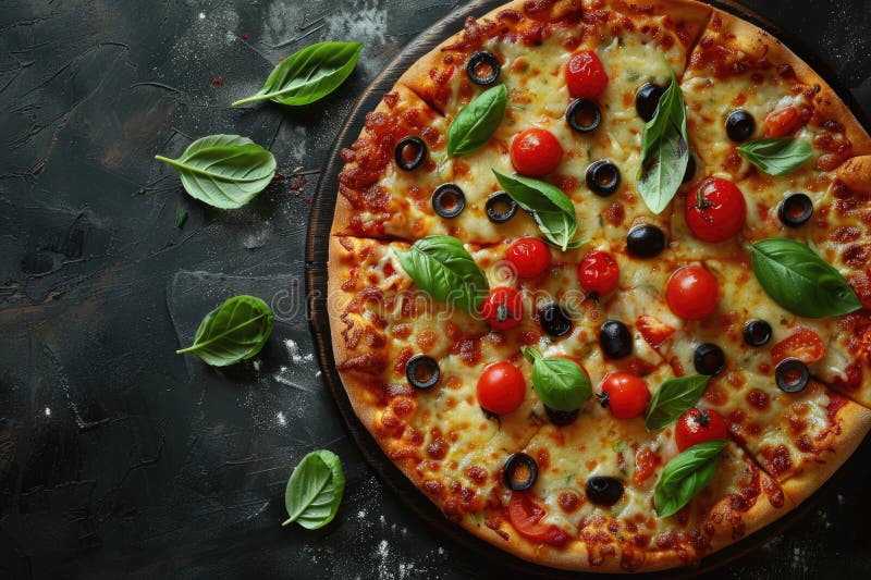Delicious Pepperoni Pizza with Olives on a Black Background Stock Photo ...
