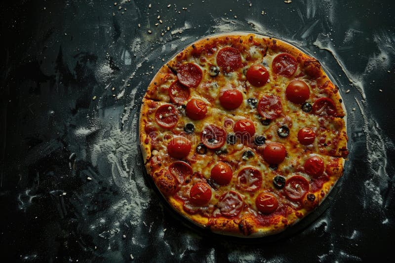Delicious Pepperoni Pizza with Olives on a Black Background Stock Image ...