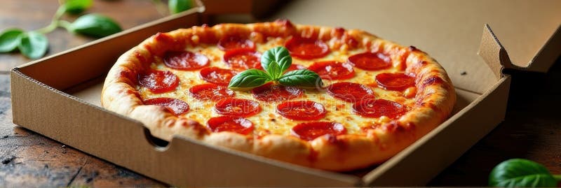 Delicious Pepperoni Pizza in Open Box with Fresh Basil Garnish Stock ...