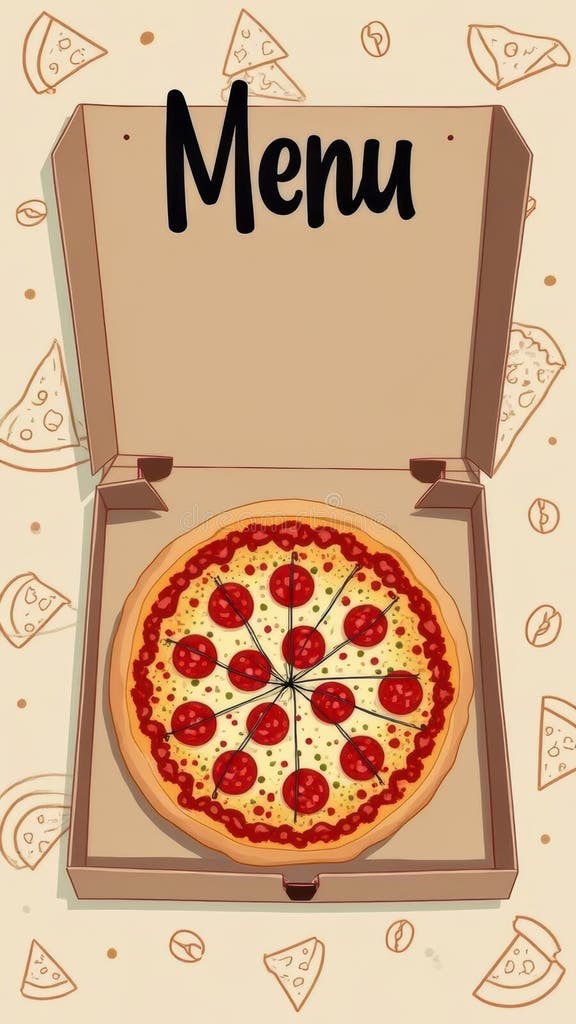 Delicious Pepperoni Pizza in Open Box with Menu Design Background Stock ...