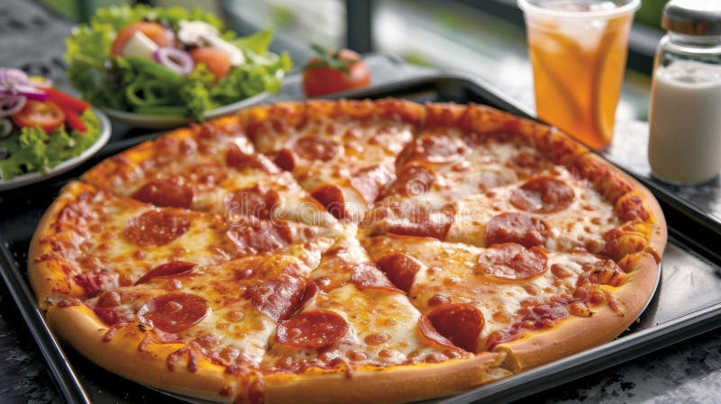 Delicious Pepperoni Pizza Served with Salad and Drinks Stock Photo ...