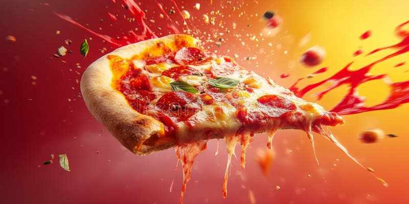 Delicious Pepperoni Pizza Slice with Exploding Ingredients Burst Stock ...